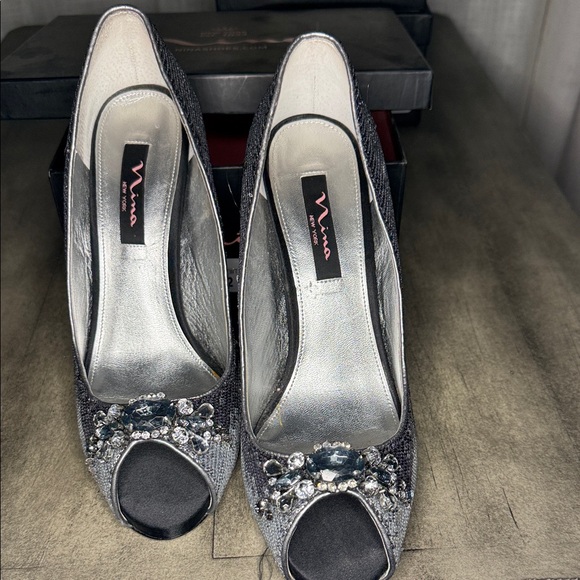 Nina | Shoes | Nina Black And Silver Embellished Peep Toe Heels | Poshmark